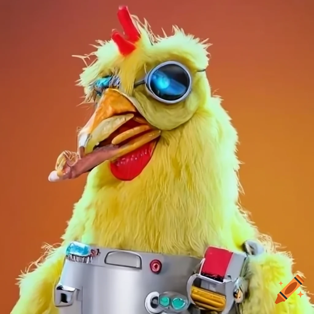 80s style animatronic yellow chicken with 'Let's Eat' bib on Craiyon
