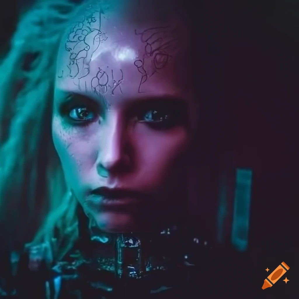 Biopunk cyborg goddess in a dark cyberpunk cityscape on Craiyon