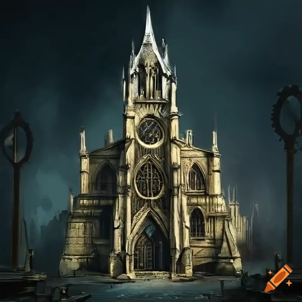 Highly detailed dark church exterior in a steampunk environment concept ...