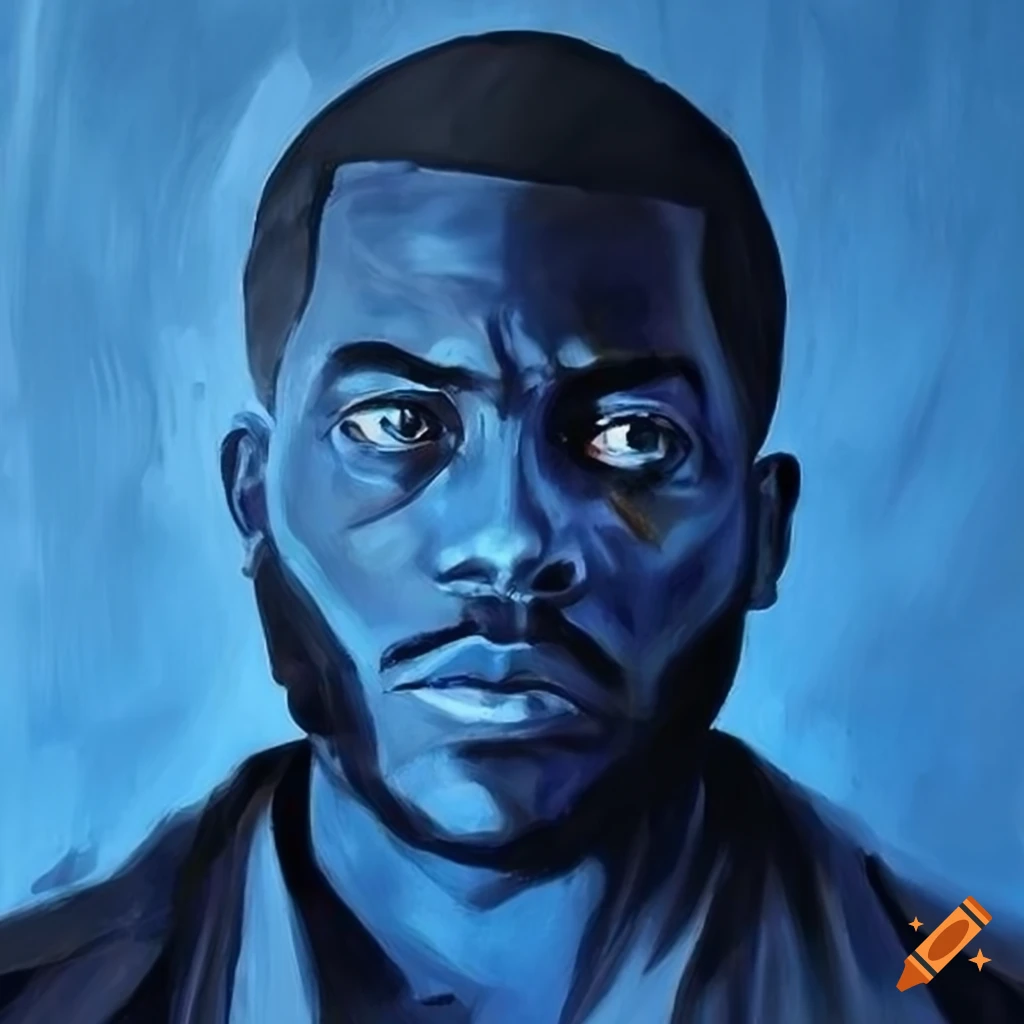 Monochromatic portrait painting of a man with a blue hue on Craiyon