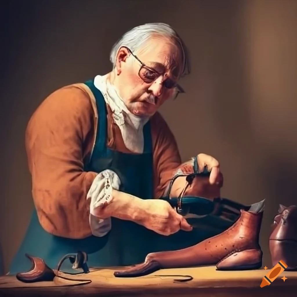 Shoemaker crafting shoes in his 1700s workshop on Craiyon