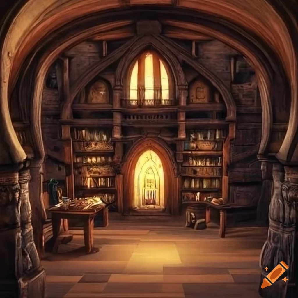 Witch's tower interior library with stone walls on Craiyon