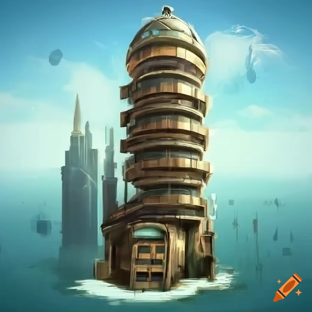 Steampunk tower exterior in a city concept art on Craiyon