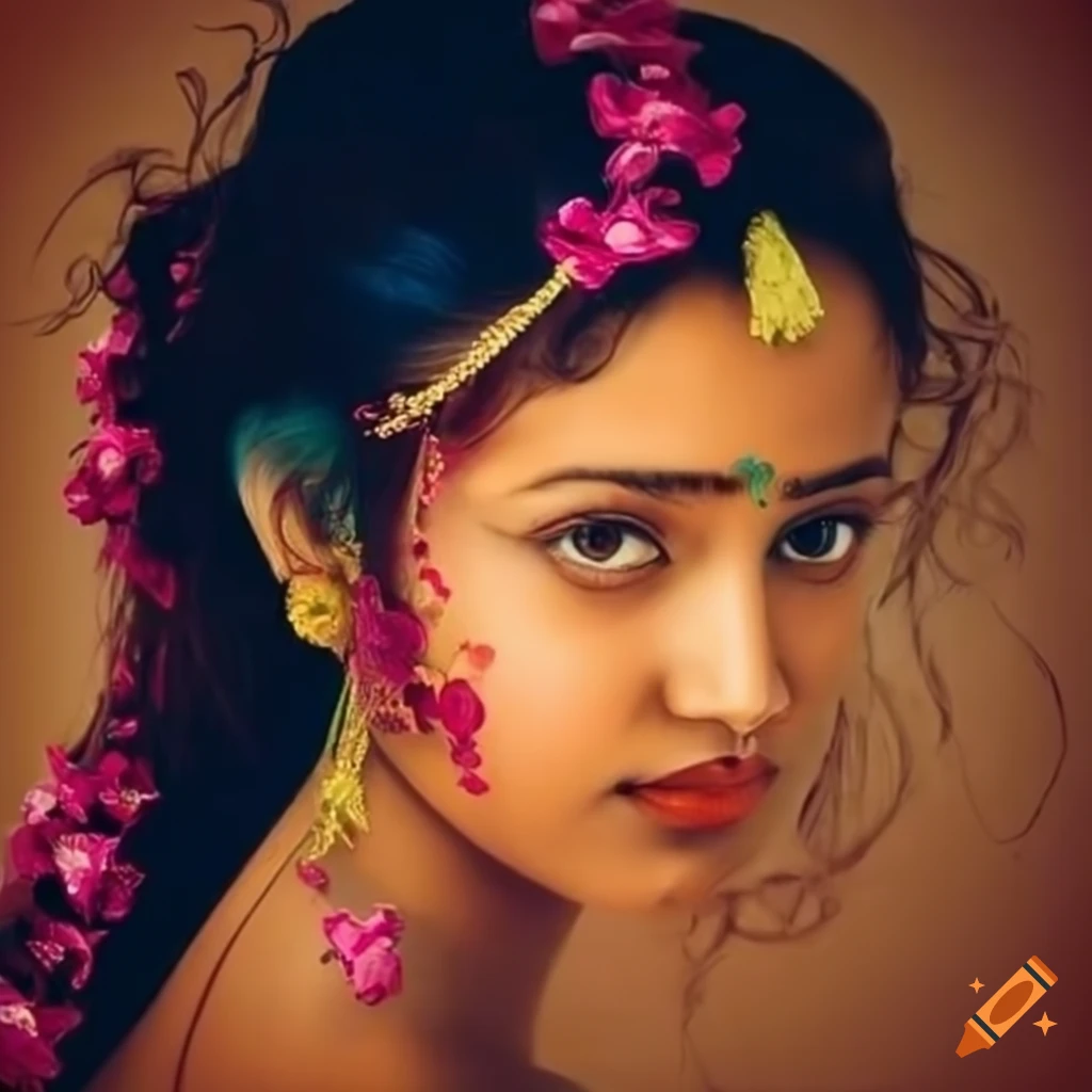 Indian girl holding flowers in hand and hair on Craiyon