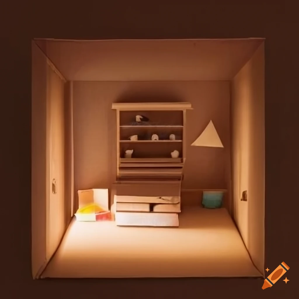 Intricately crafted bedroom scene with paper and cardboard furnishings ...