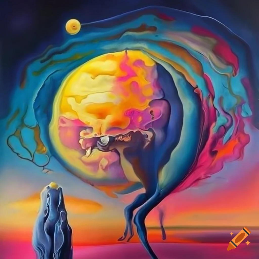 Abstract Salvador Dali-inspired painting of a planet with an ominous ...