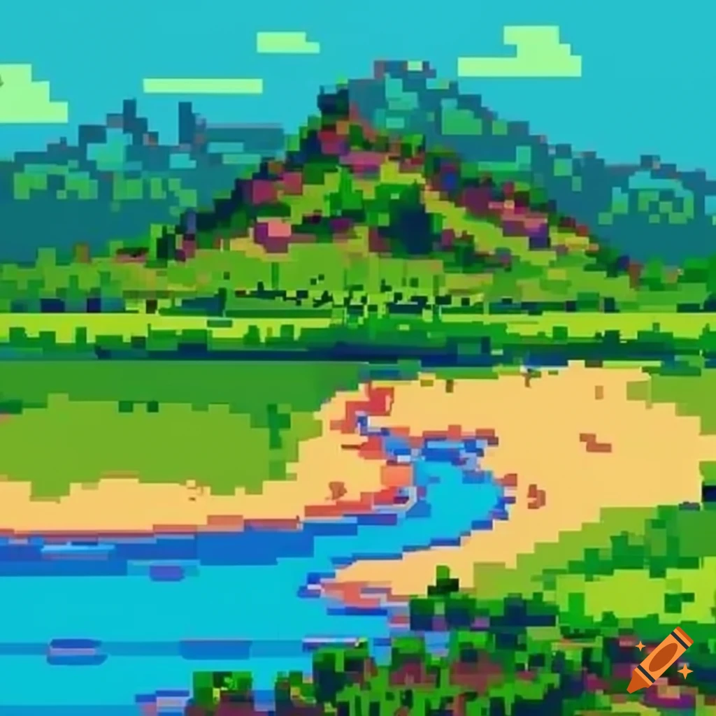 Pixel art hills and river with sandy beaches on Craiyon