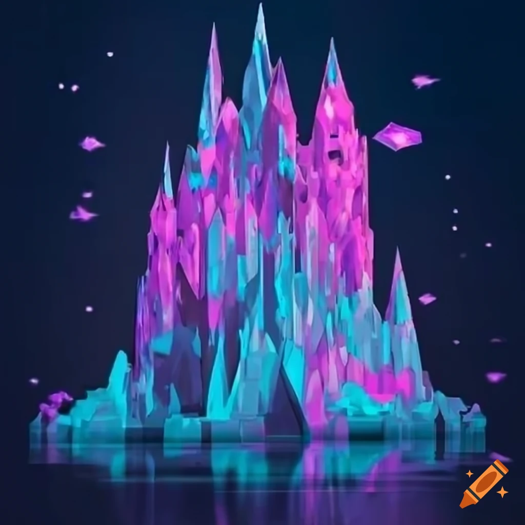Crystal castle in 80s fantasy style with cold colors on Craiyon
