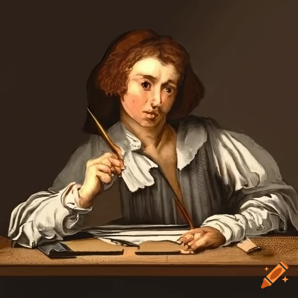 16th century young man writing with a quill pen at his desk on Craiyon