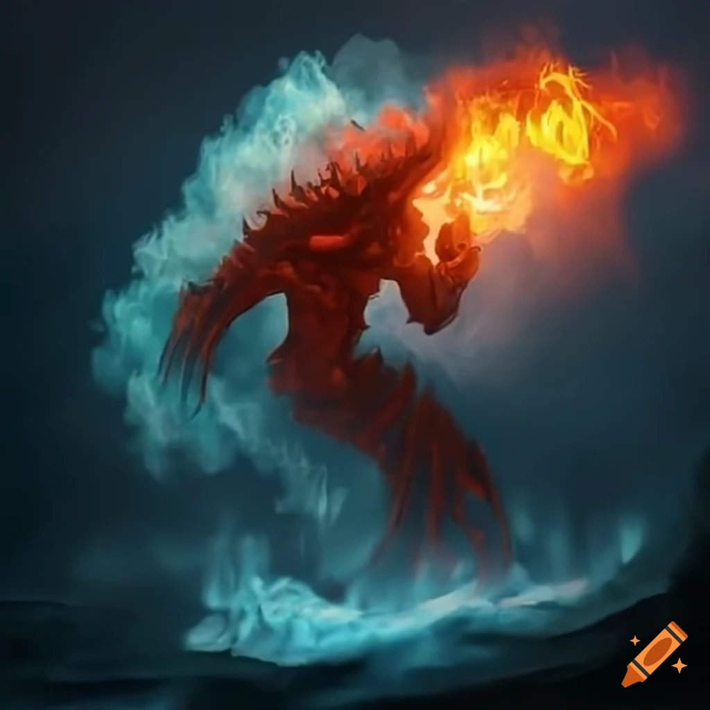 Steaming fire elemental in a river on Craiyon