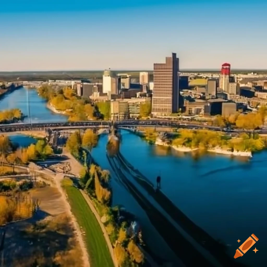 Aerial view of saskatoon, saskatchewan with rivers, bridges, and green ...