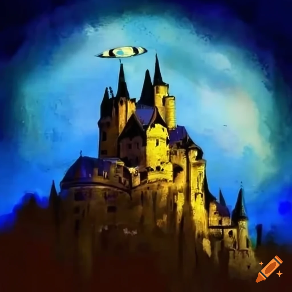 Medieval european castle with a ufo flying overhead on Craiyon