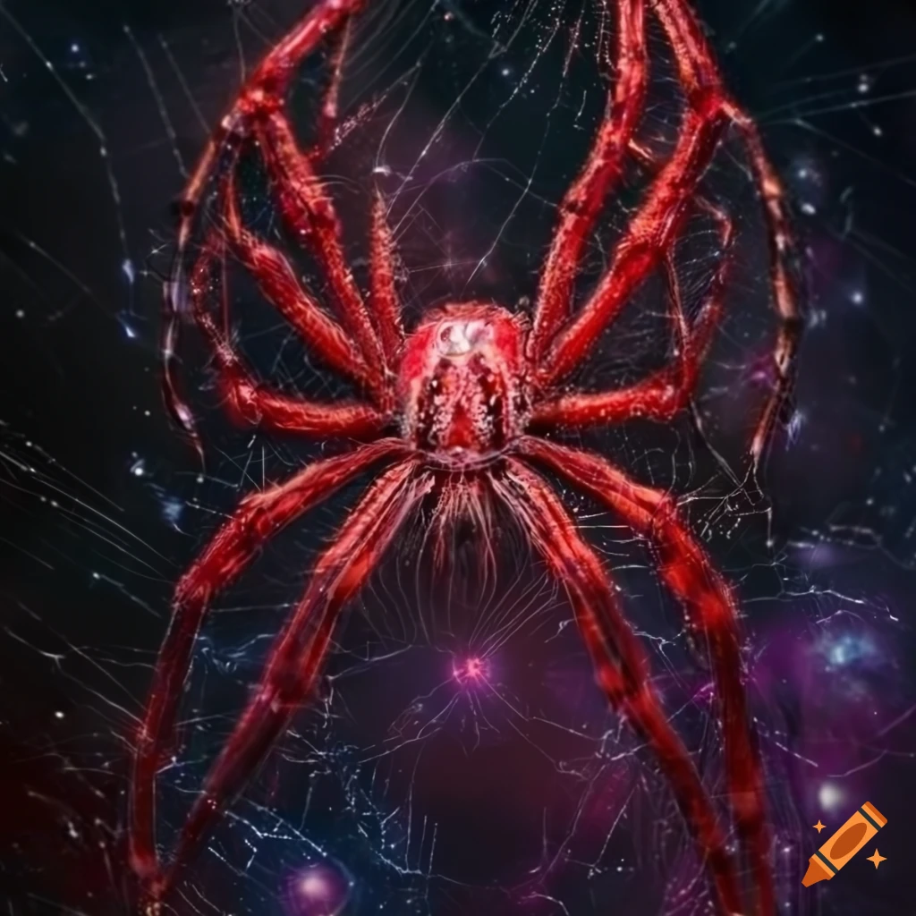 Intricately detailed ancient red spider weaving its web against a dark ...