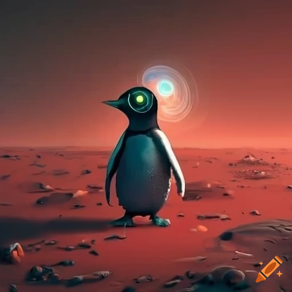 Cyber penguin walking on mars with steampunk face and laser eye on Craiyon