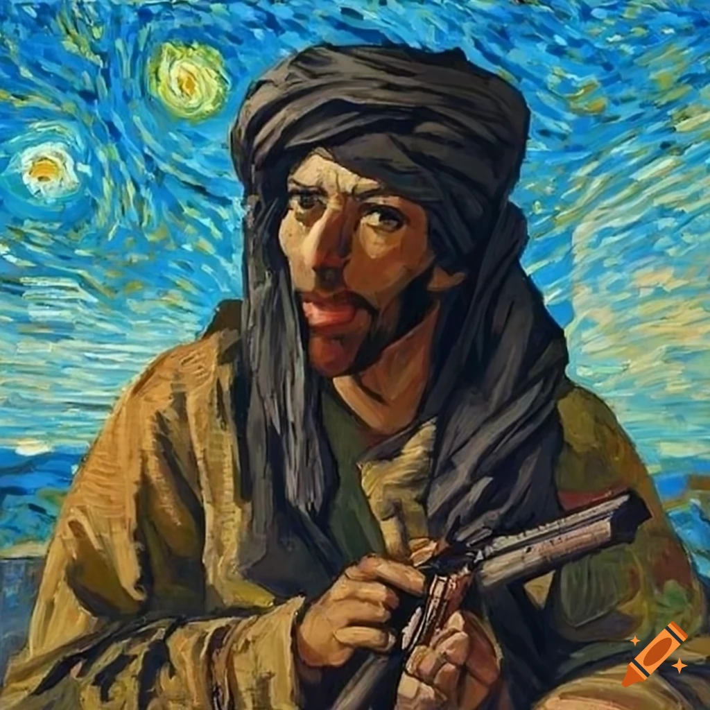 Bedouin in the desert with a rifle, serene atmosphere under the bright ...