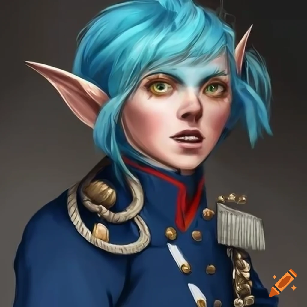 Blue haired elf with yellow eyes in european war uniform on Craiyon
