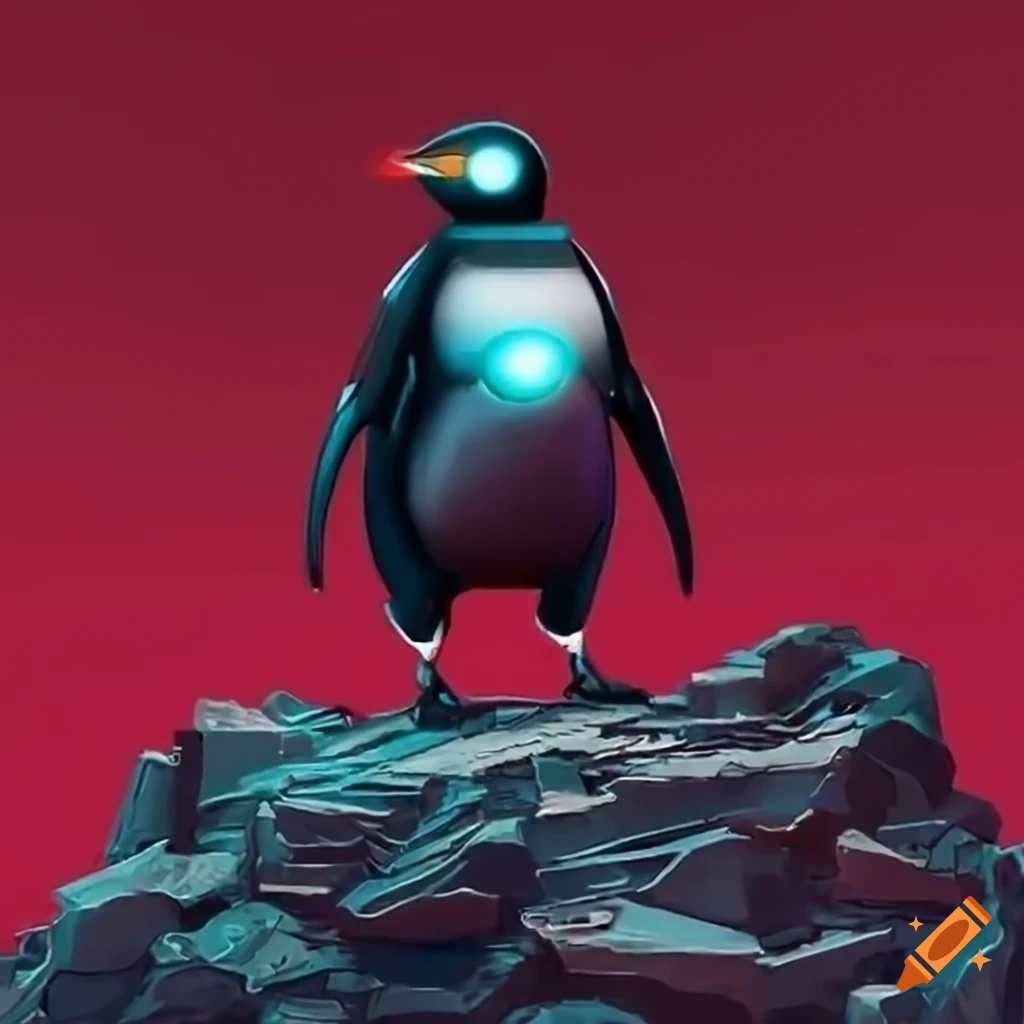 Cyberpunk penguin with a plasma gun on Mars attacking, sci-fi ...
