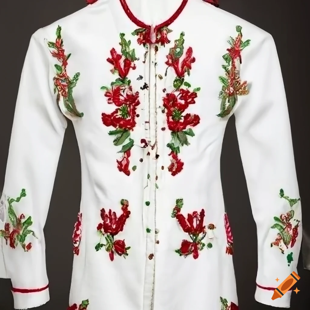 Basque-inspired long white jacket with oak leaves embroidery on Craiyon