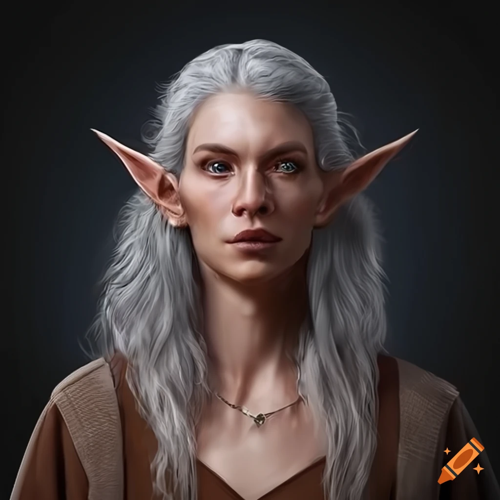 Female elf with long gray hair in a brown robe on Craiyon