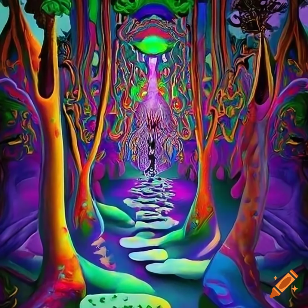 Unique forest scene with colorful sky and curious forest animals on Craiyon