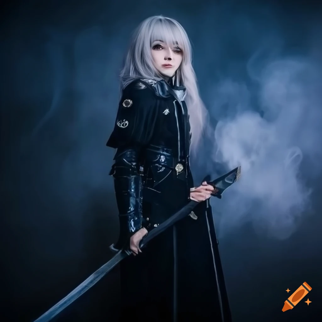 Female vampire knight with swords in a dark mysterious setting on Craiyon