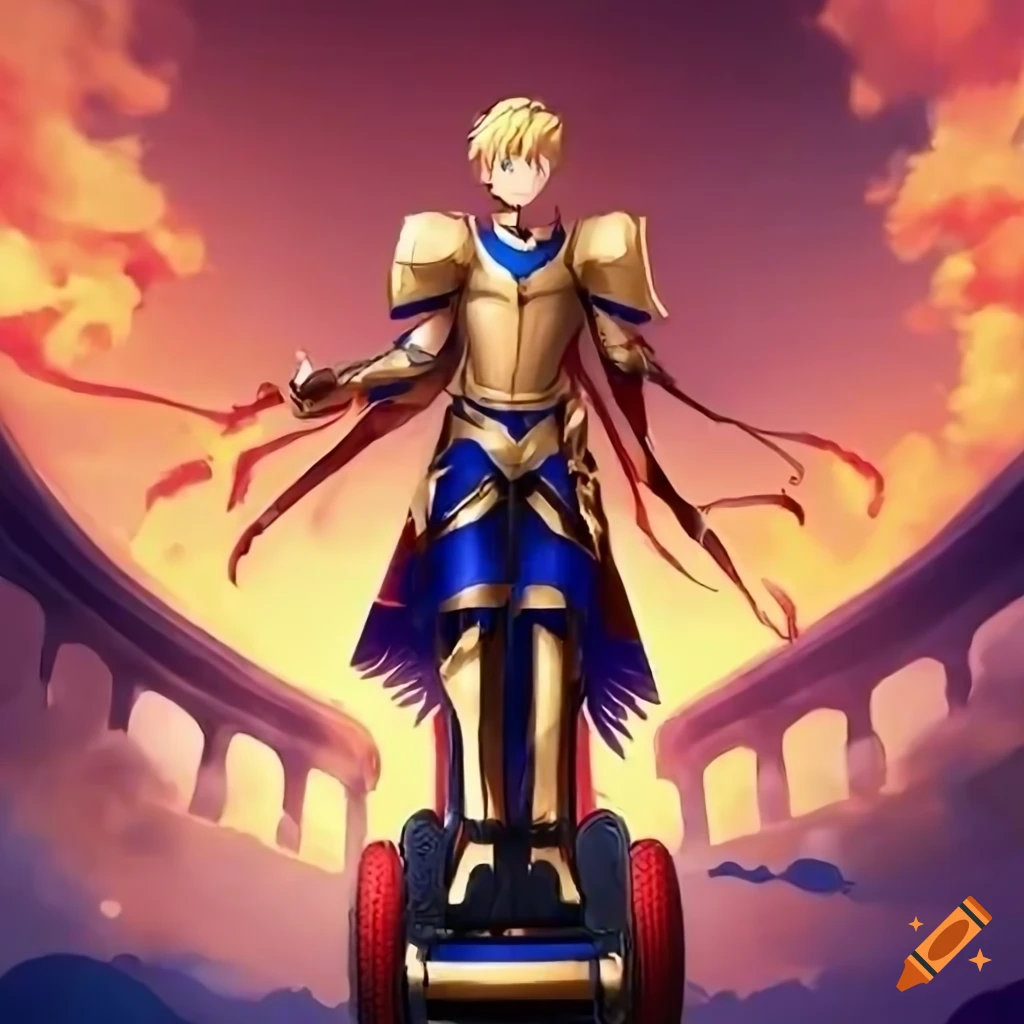 Gilgamesh from the Fate series riding a Segway into battle on Craiyon