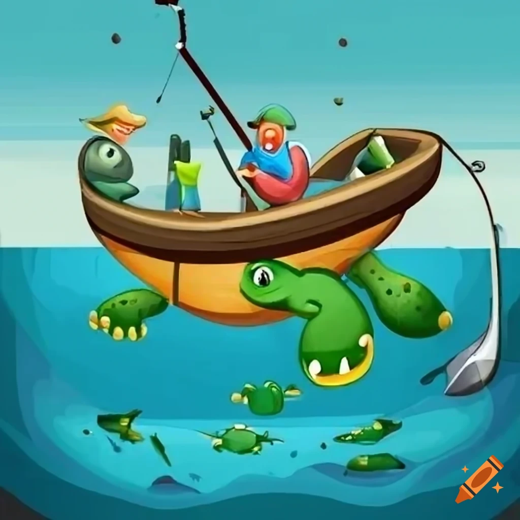 Cartoon turtles fishing from a boat on Craiyon