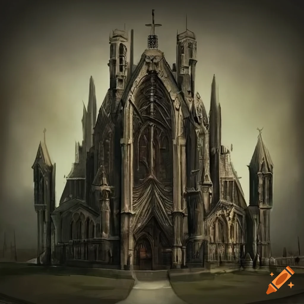 Highly detailed dark church exterior in a steampunk environment concept ...