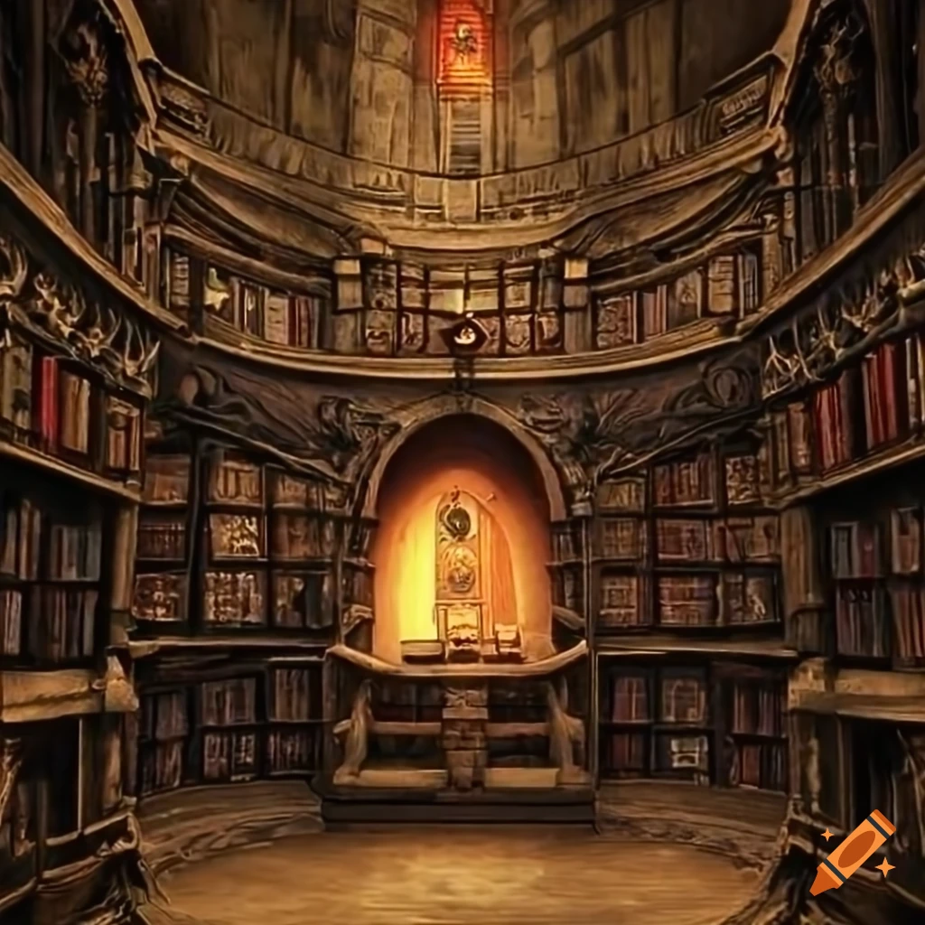 Witch's tower interior library with stone walls on Craiyon
