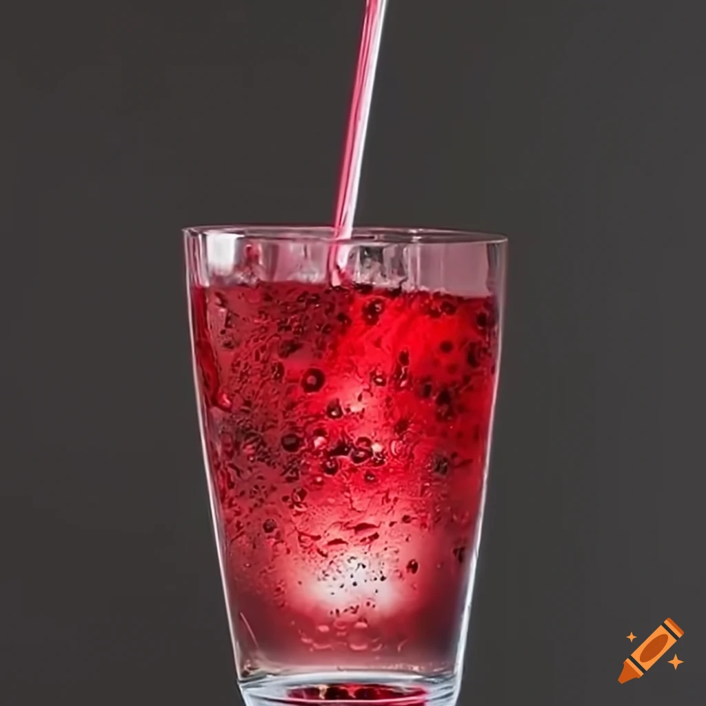 Glass of red sparkling water with a straw on Craiyon