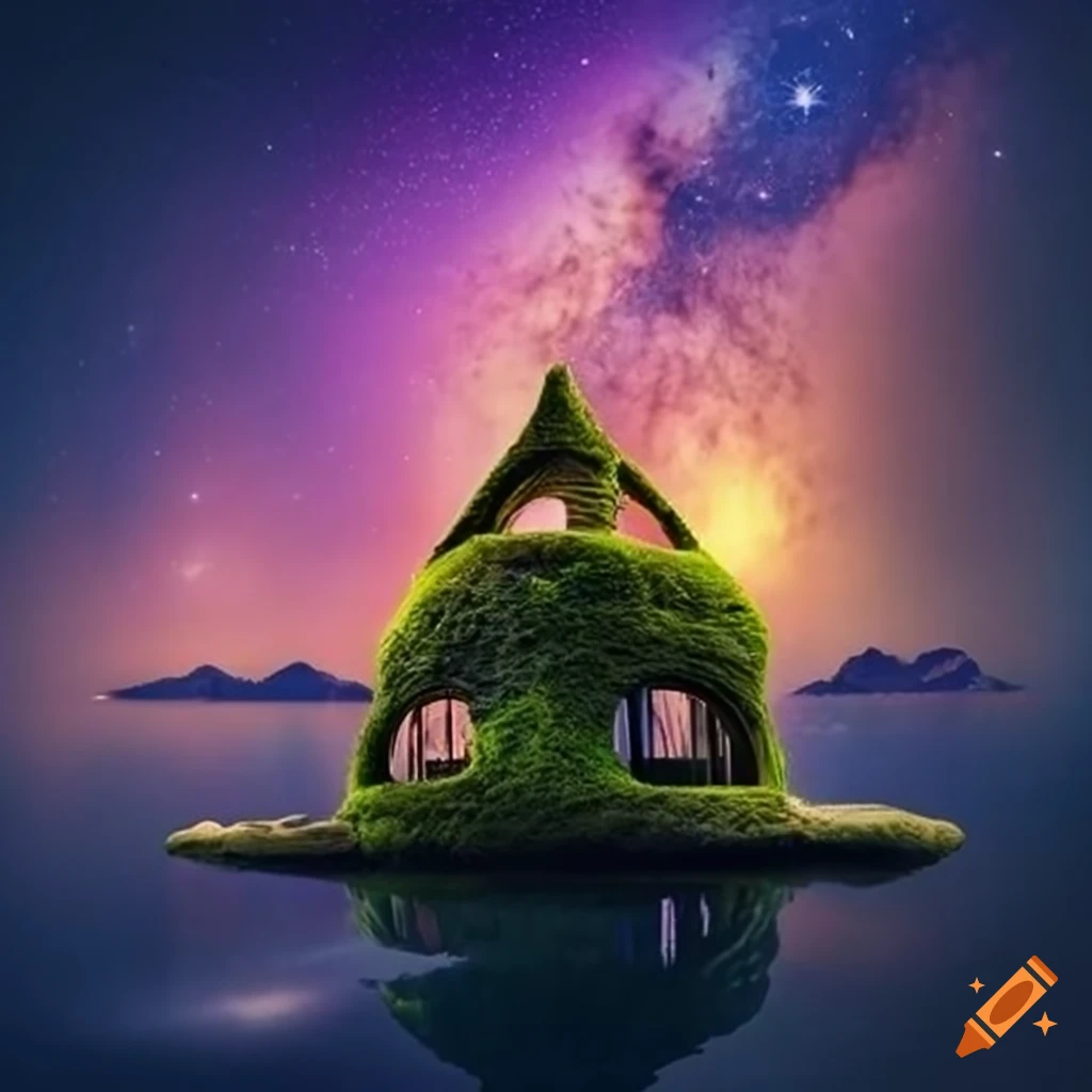 Biomorphic stone buildings on a floating moss-covered island in space ...
