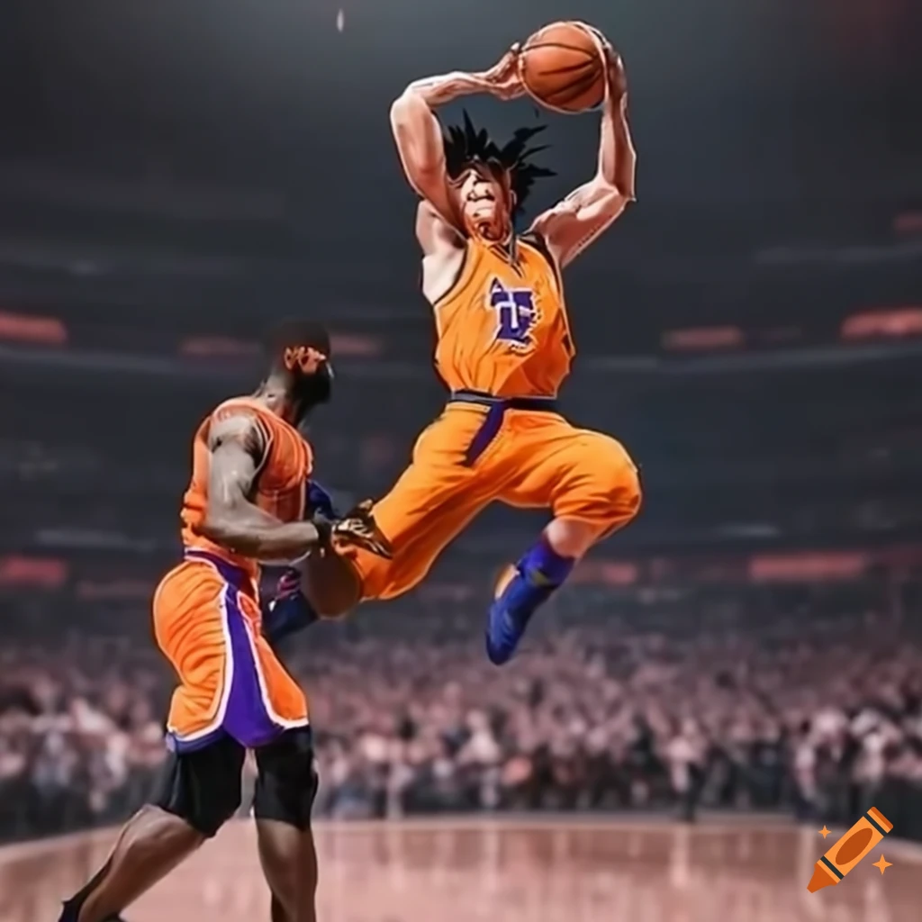 Goku and lebron james playing basketball on an nba court on Craiyon