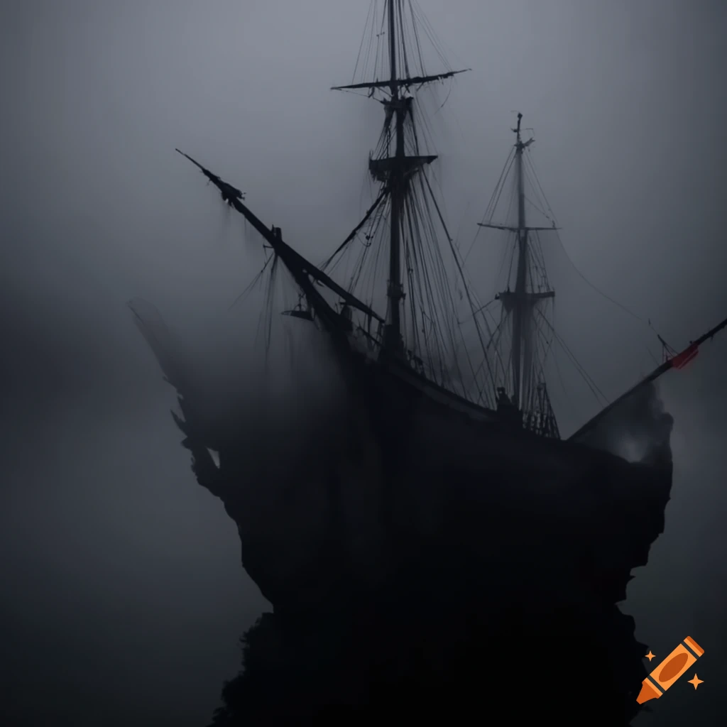 Mighty ship breaking through pirate-ridden fog in monochromatic tones ...