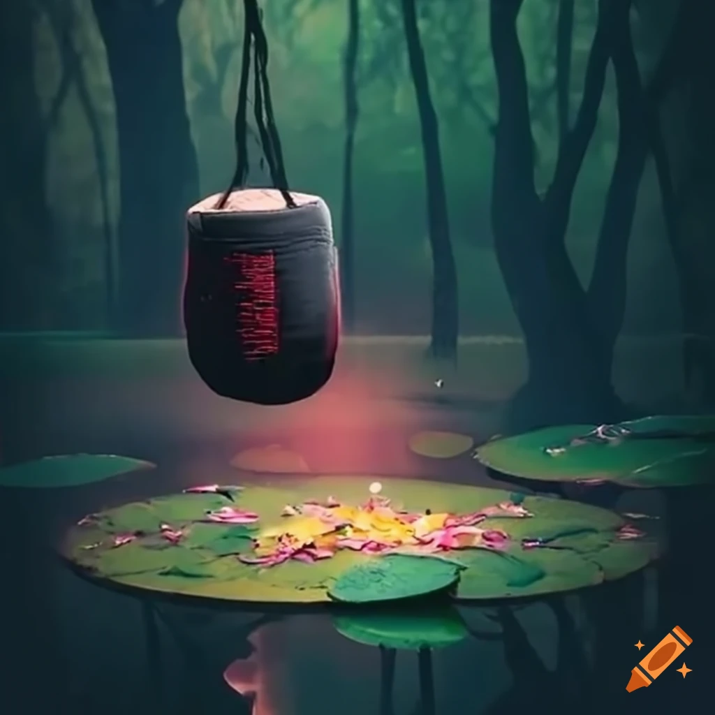 Boxing bag hanging from a tree by a lily pad lake on Craiyon