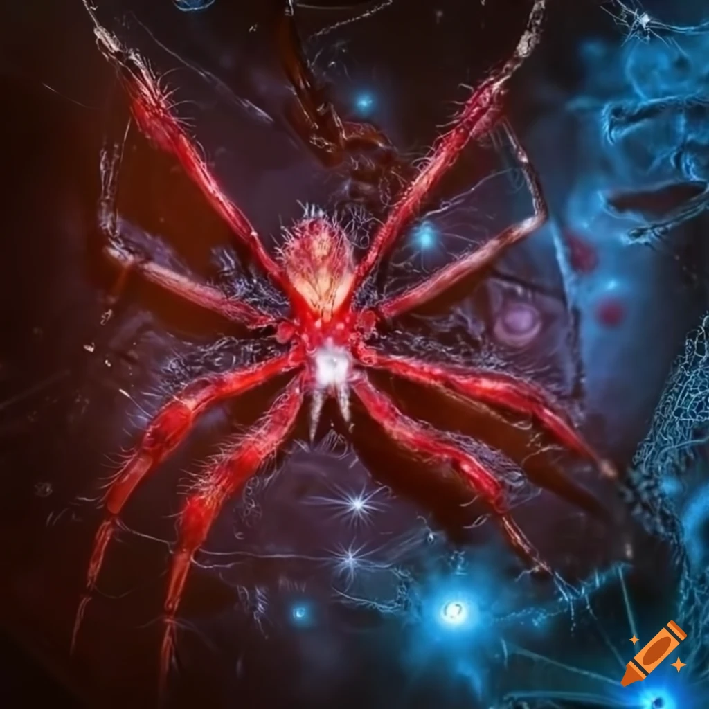 Intricately detailed eerie crimson spider weaving its web in a dark ...