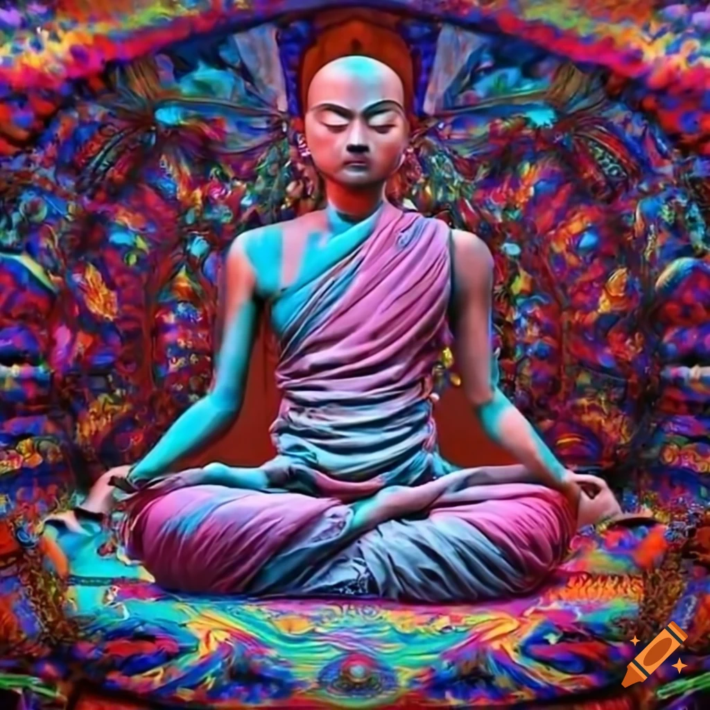 Buddhist monk meditating in a psychedelic environment on Craiyon