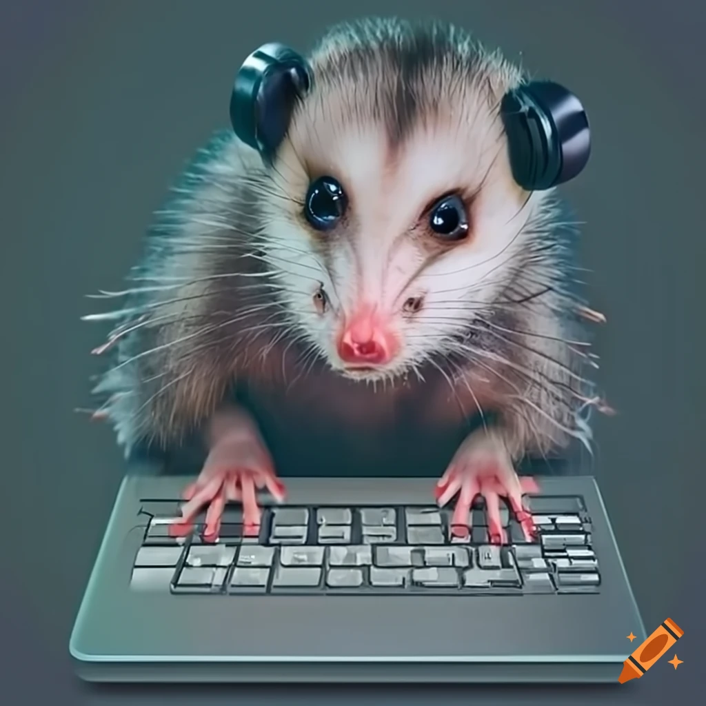 Cute opossum wearing headphones on a computer on Craiyon