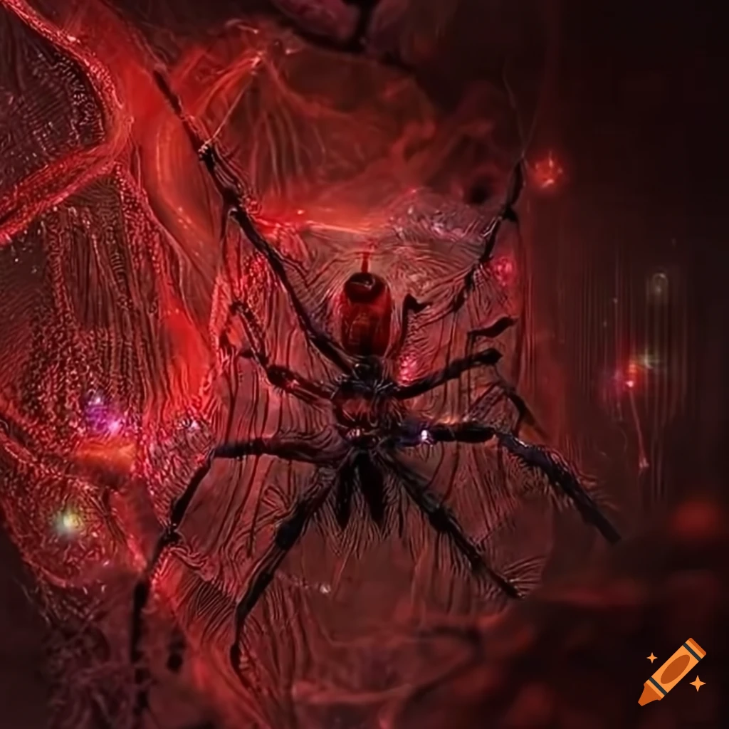 Ancient surreal cosmic spiders in crimson color weaving colorful webs ...