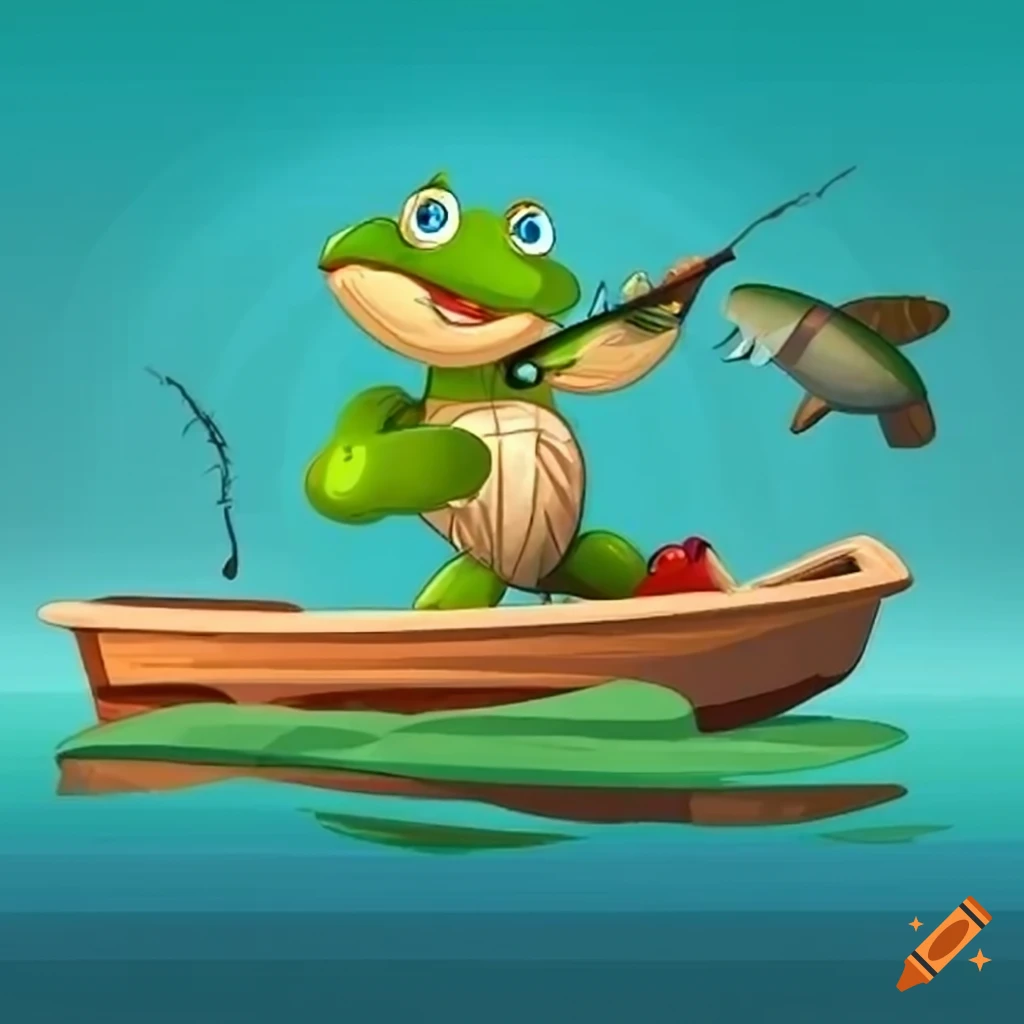 Cartoon turtles fishing on a boat for bass on Craiyon