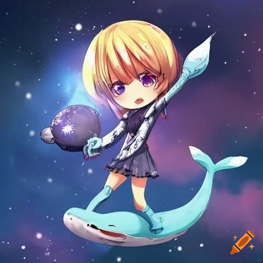 Anime chibi space girl with a space whale in the sky on Craiyon