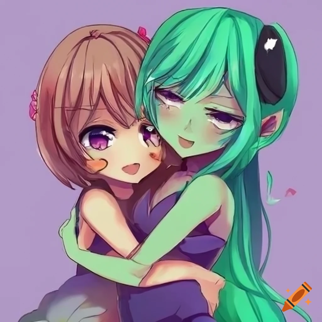Anime chibi alien girl and normal girl hugging on Craiyon