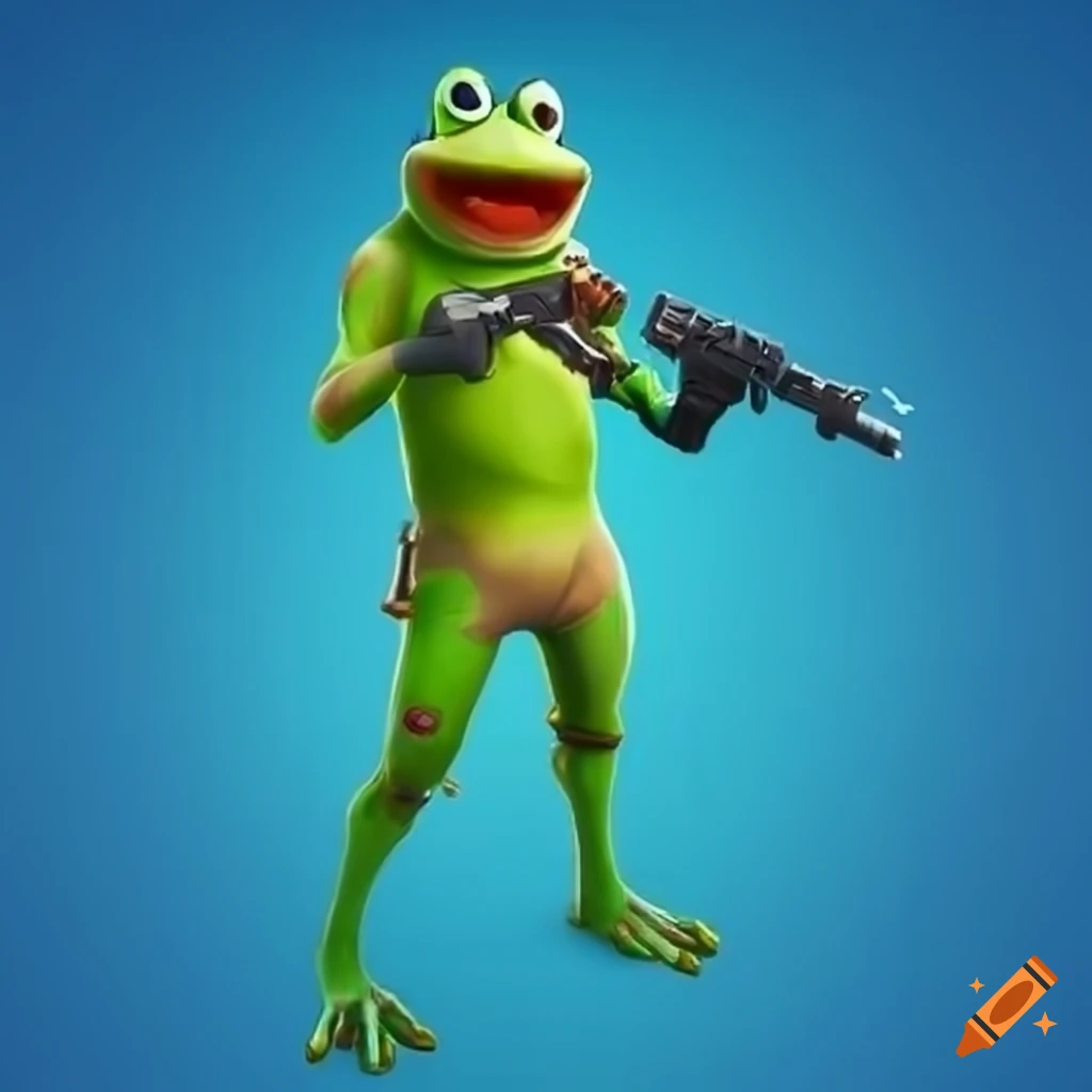 Frog fortnite skins shooting guns towards the sky on Craiyon