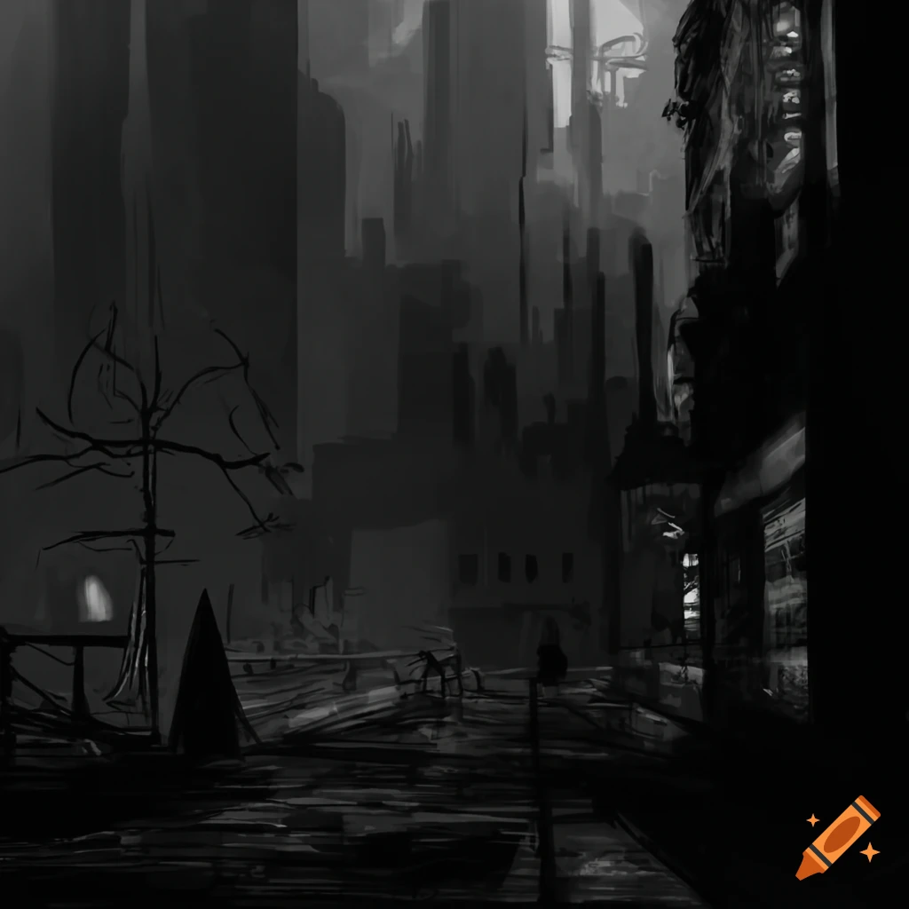 Dystopian city scene with rain and dim light on Craiyon