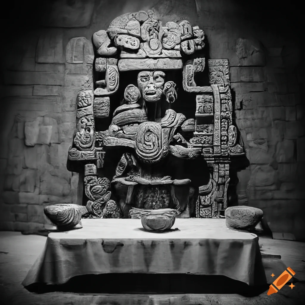 Mayan styled last supper sculpture with skeletons in cinematic lighting ...