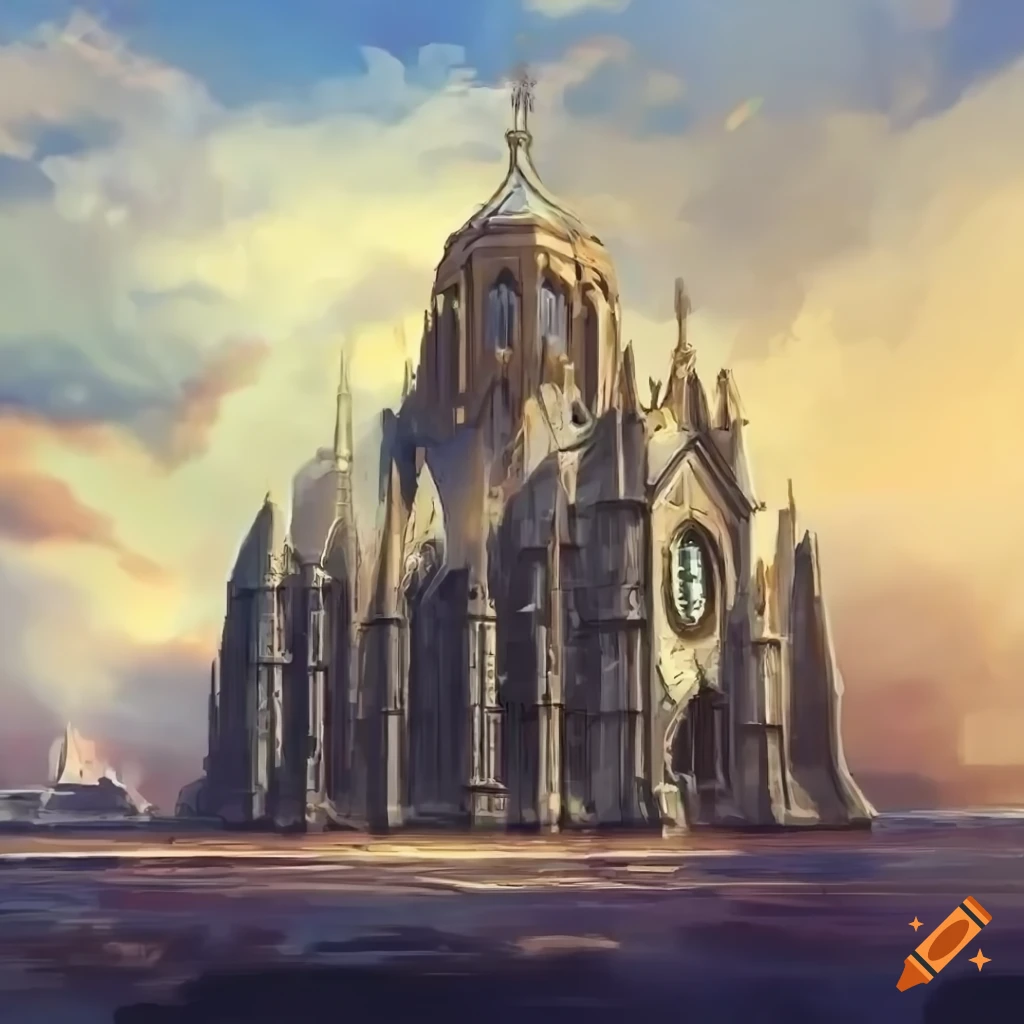 Steampunk cathedral exterior in city concept art on Craiyon