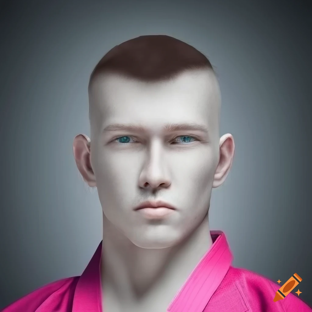 Closeup headshot of a man in pink karate uniform on grey background on ...