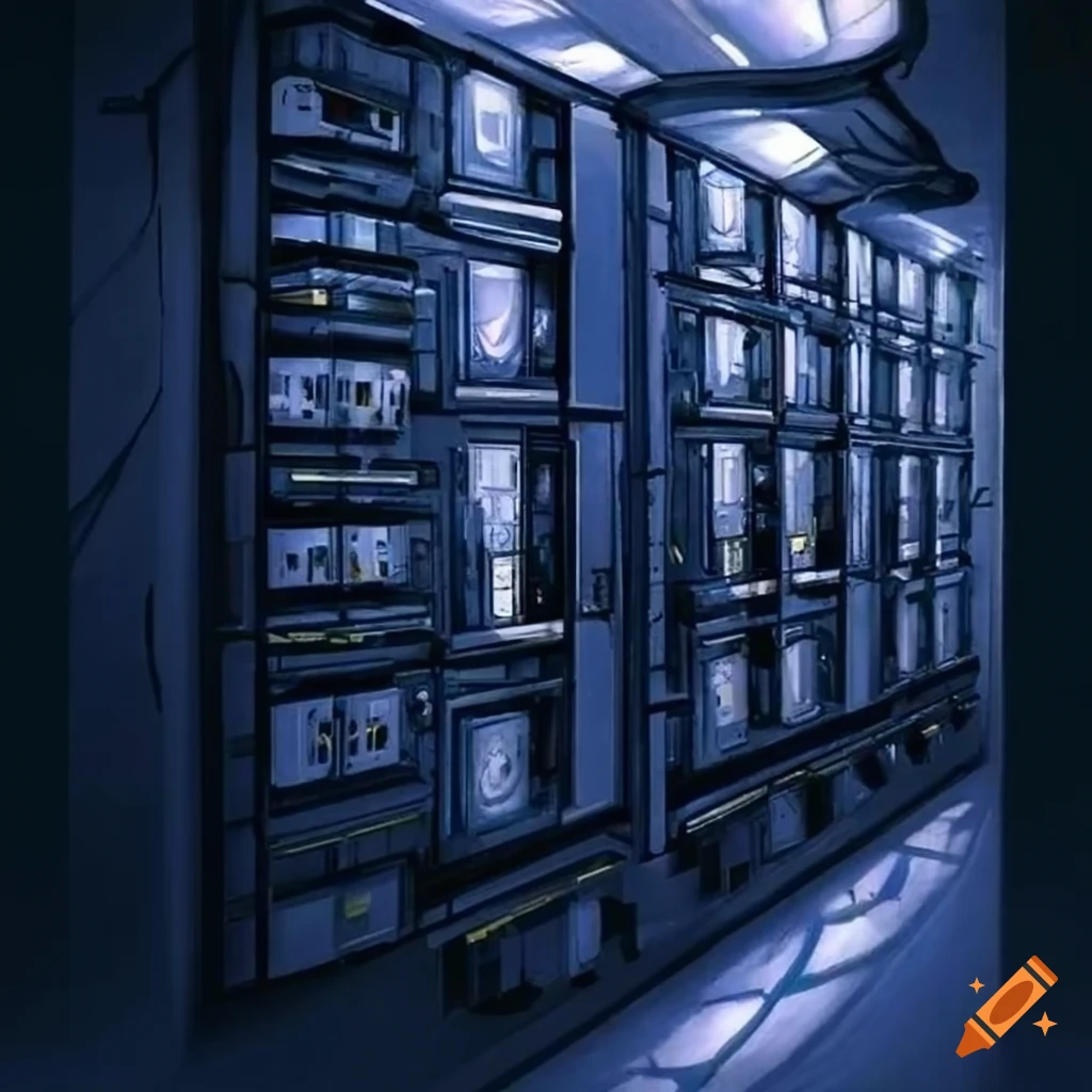 Highly detailed photo-realistic technical drawing of a server room on ...