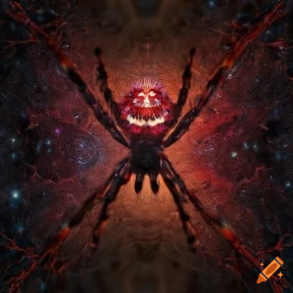 Intricately detailed ancient crimson spider weaving its web in a dark ...