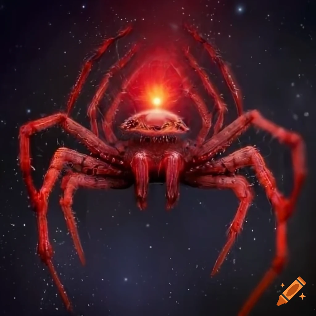 Intricately detailed ancient crimson spider weaving its web against a ...