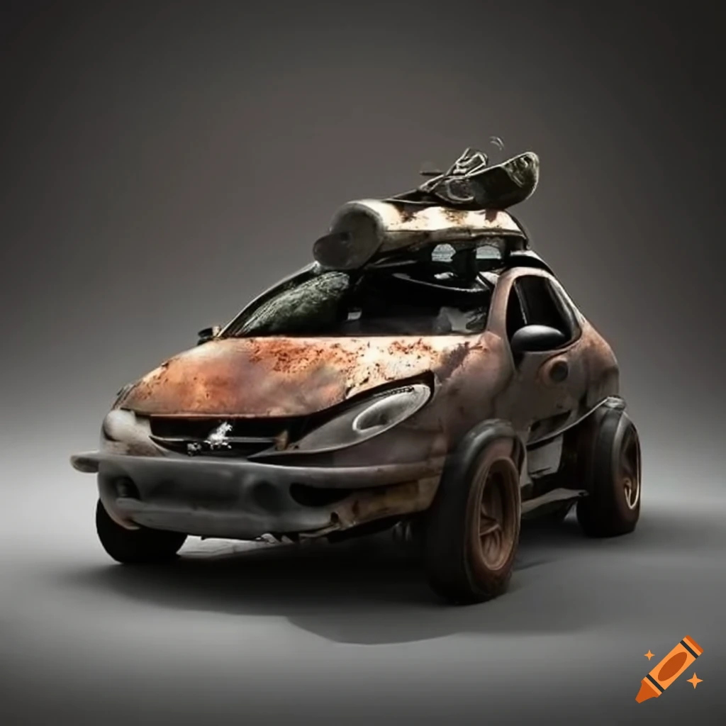 Post-apocalyptic Peugeot 206 with rusted metallic and extended fenders on Craiyon